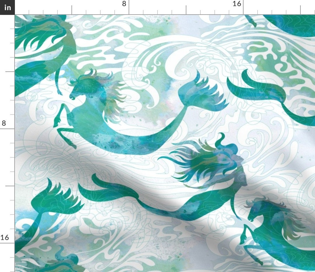 Watercolor Fantasy Creatures Fabric Mermaids Seahorses in - Etsy