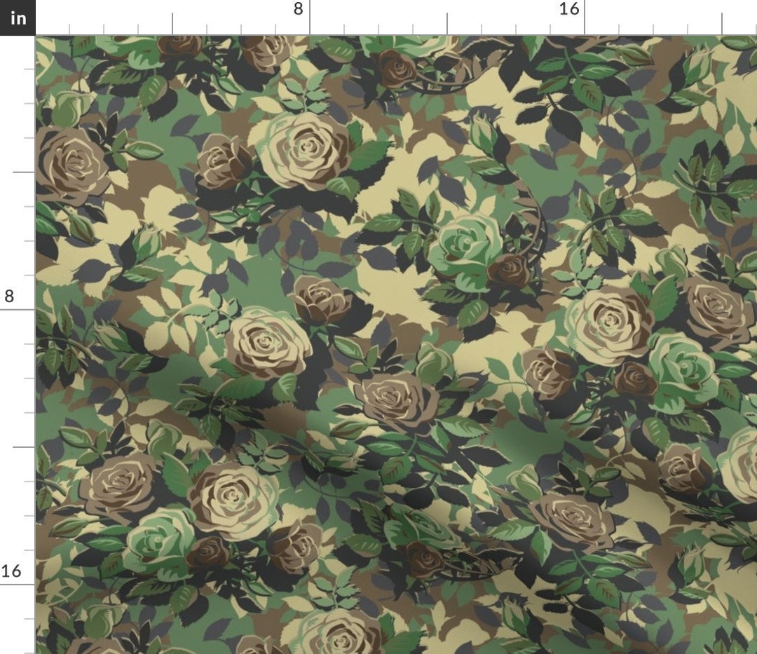 Camo Flowers Fabric Camo Rose by Emilystoneprints Green Brown Beige ...