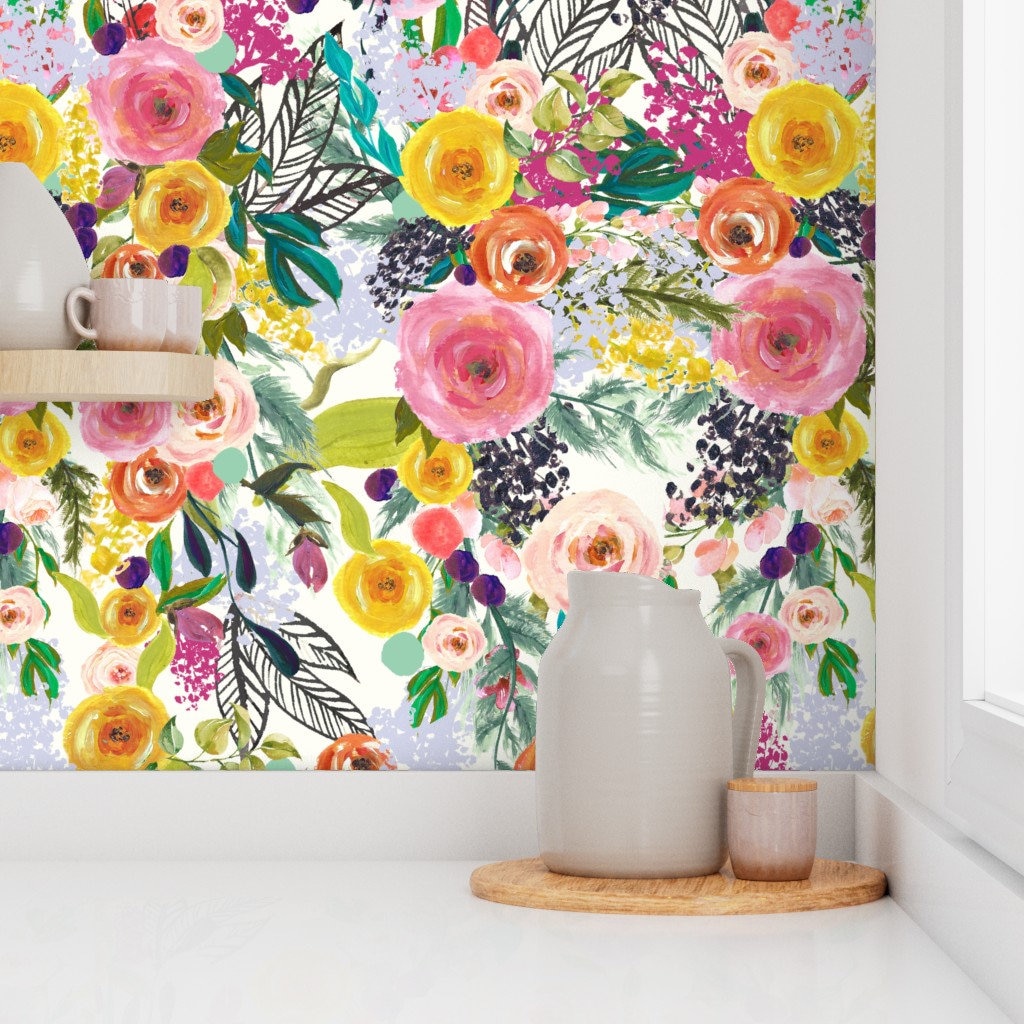Bold Floral Wallpaper Bright Blooms Painted Floral by - Etsy