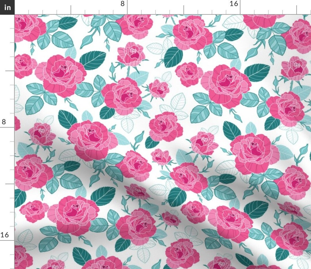 Rose Fabric Pink and Blue Roses by Oksancia Roses Pink - Etsy