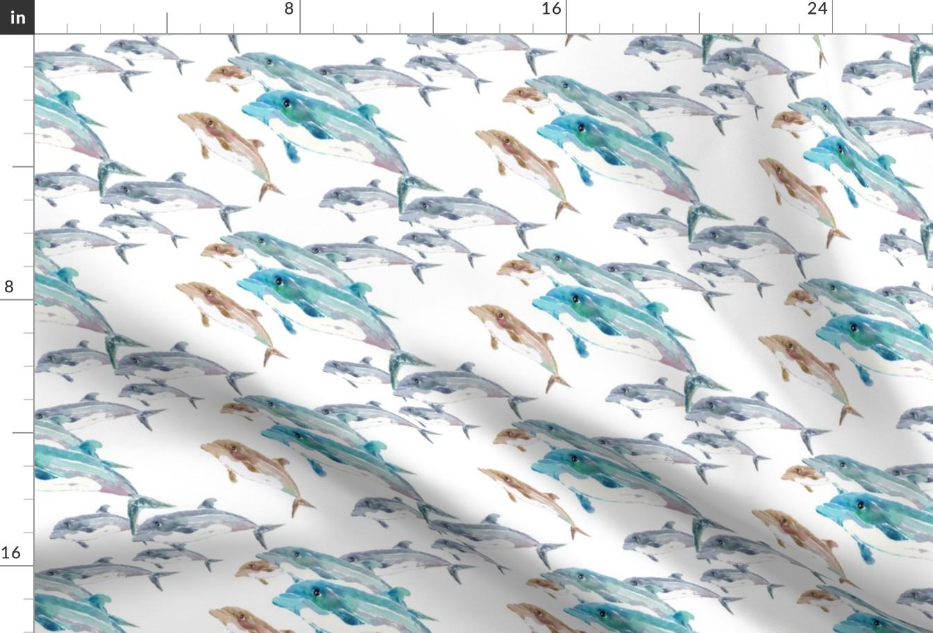 Watercolor Dolphin Fabric - Blue Dolphins Swim by Lillyarts - Summer ...