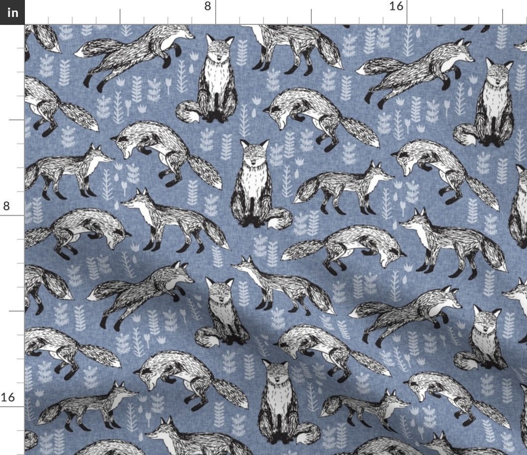 Woodland Fox Fabric Foxes Blue With Linen Look by Andrea - Etsy