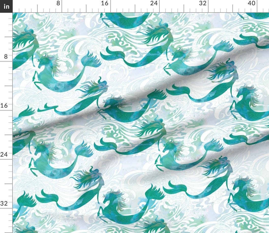 Watercolor Fantasy Creatures Fabric Mermaids Seahorses In | Etsy