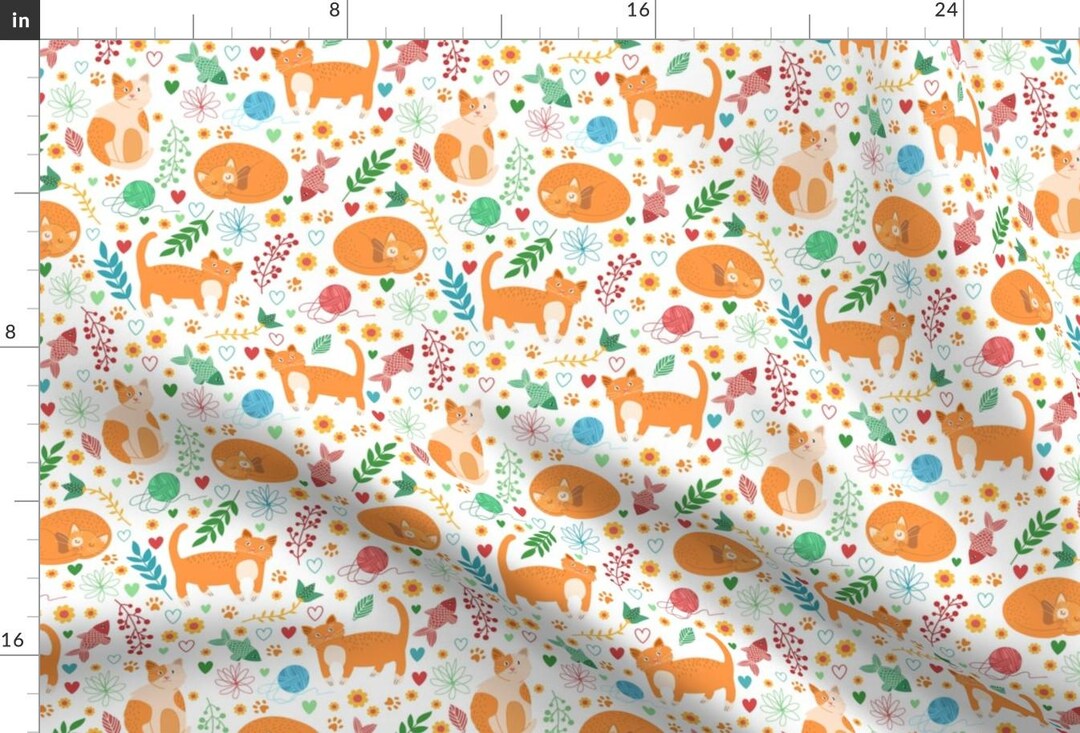 Cute Orange Cats Fabric - Cute Cats White Pattern by Juliabadeeva ...