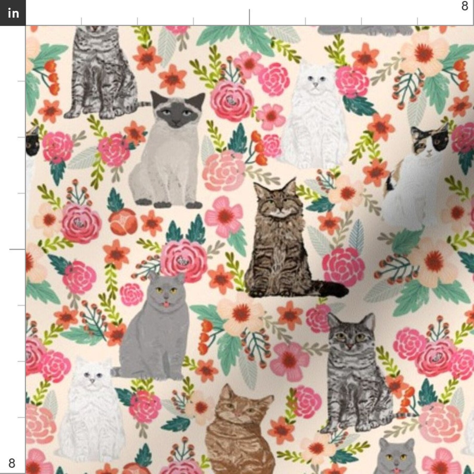 Cat Fabric Cats in Flowers Garden Florals Watercolor Cream - Etsy