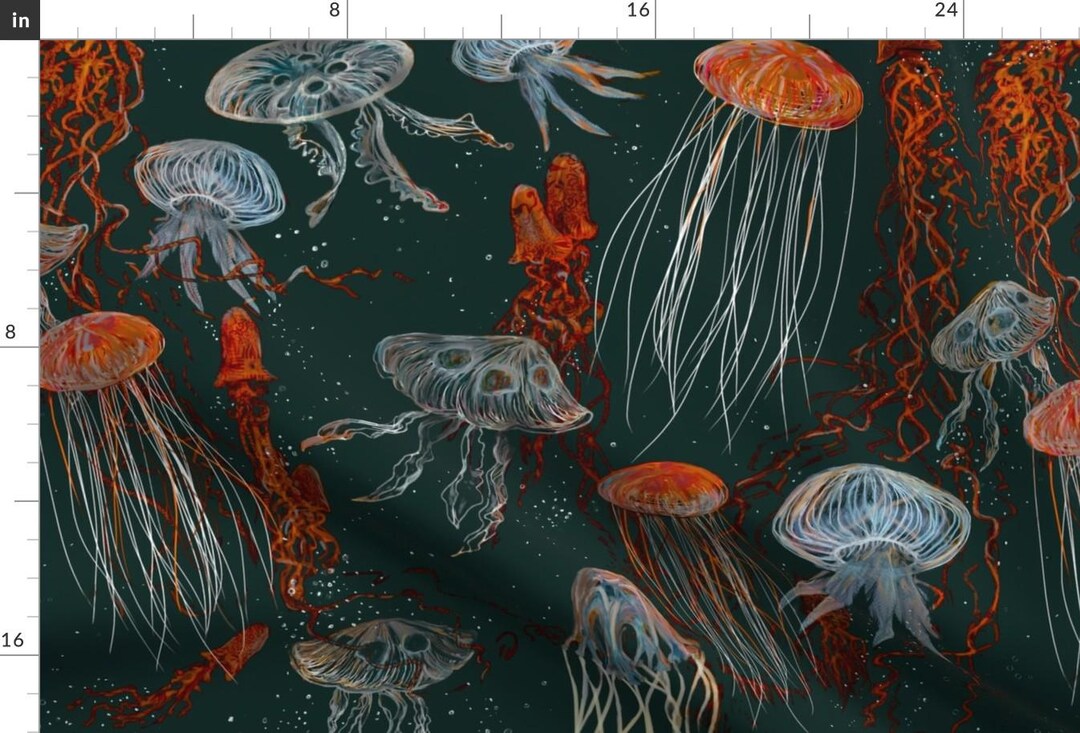 Jellyfish Fabric - Deep Sea Jellyfish by Wren Leyland - Nautical Sea ...