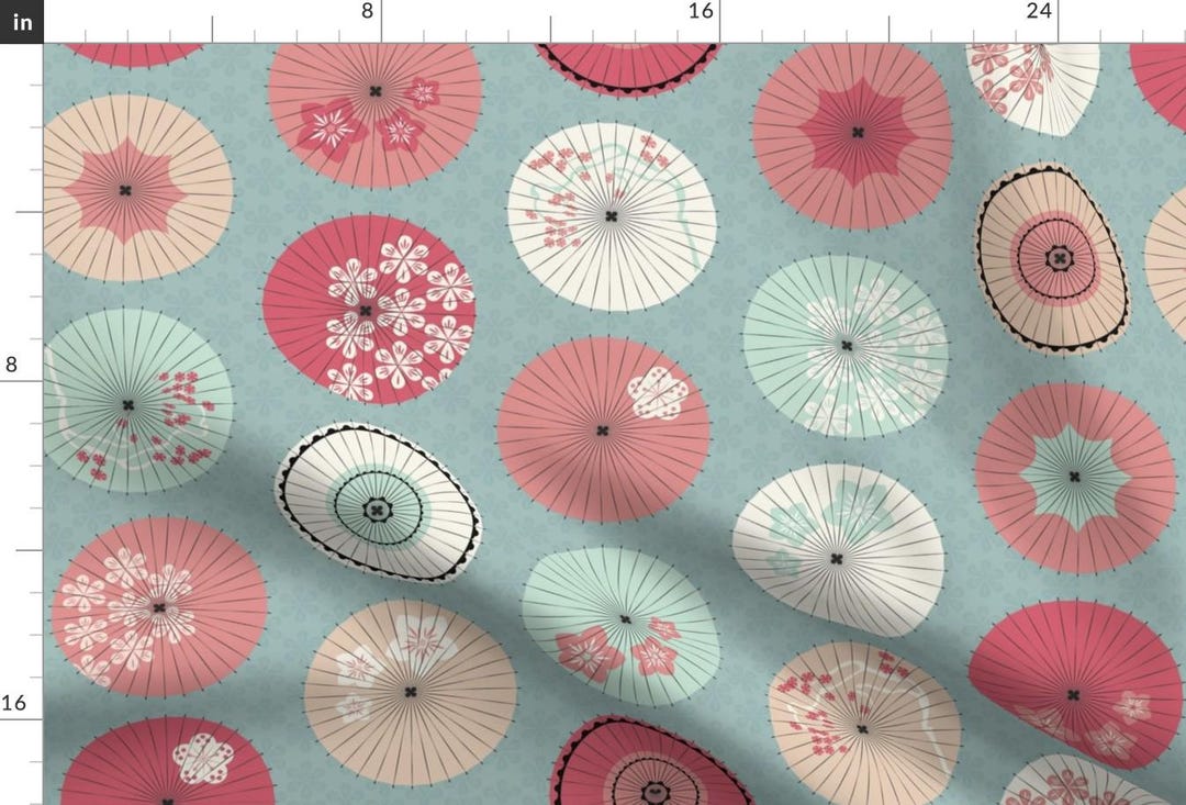 Coral and Mint Parasols Fabric - Japanese Umbrellas in the Winter by ...