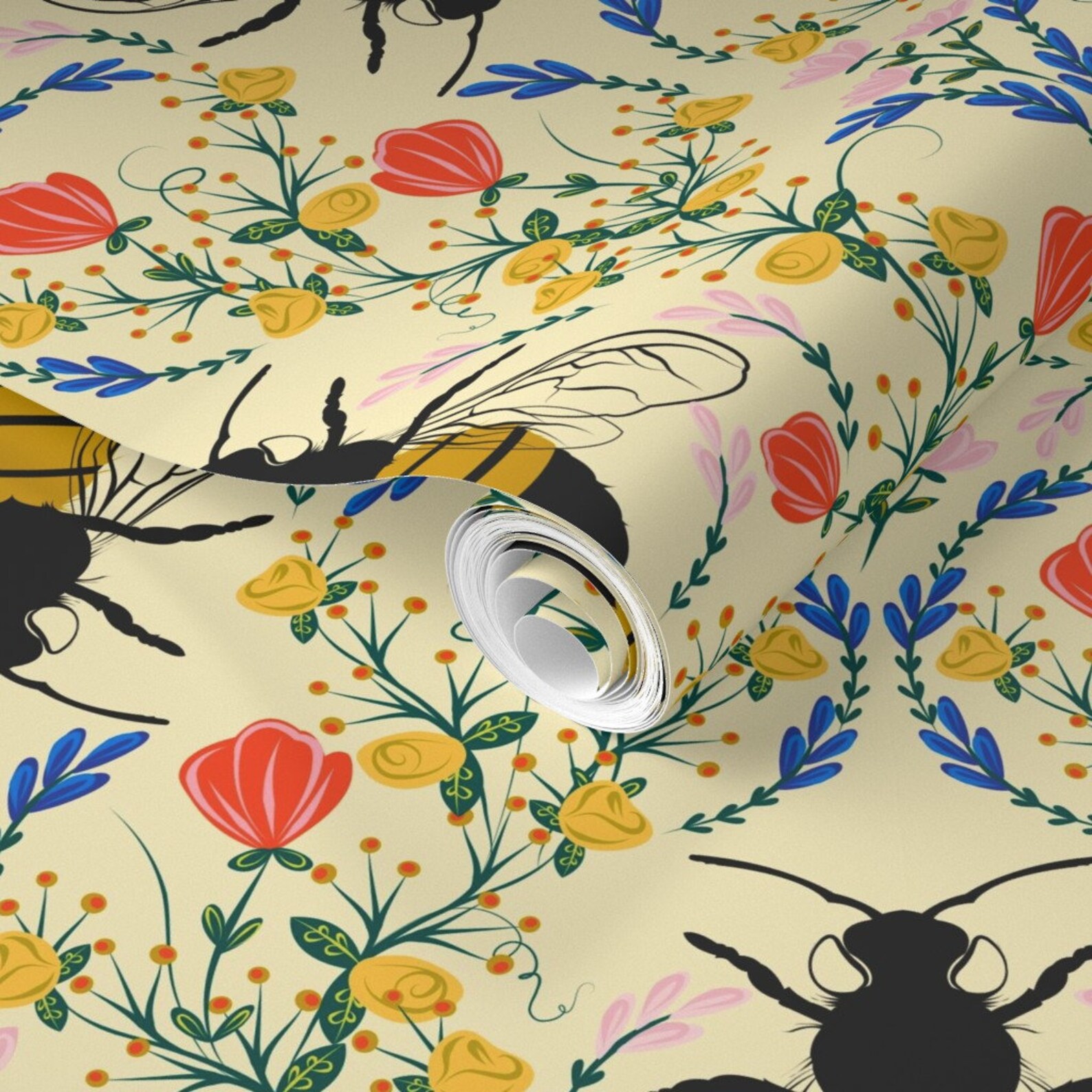 Bee Garden Wallpaper Bee Floral by Lapetitelecour Yellow - Etsy
