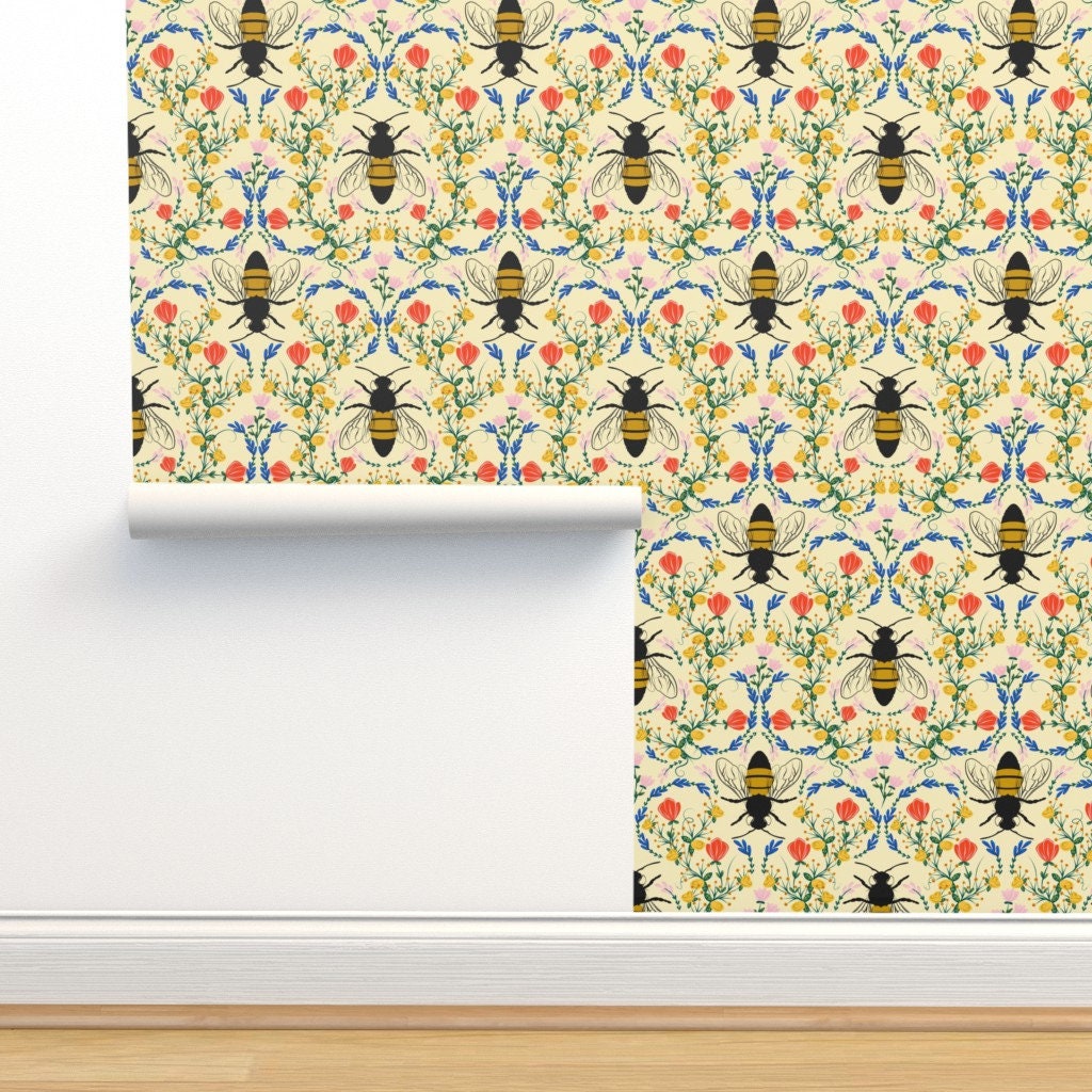 Bee Garden Wallpaper Bee Floral by Lapetitelecour Yellow - Etsy