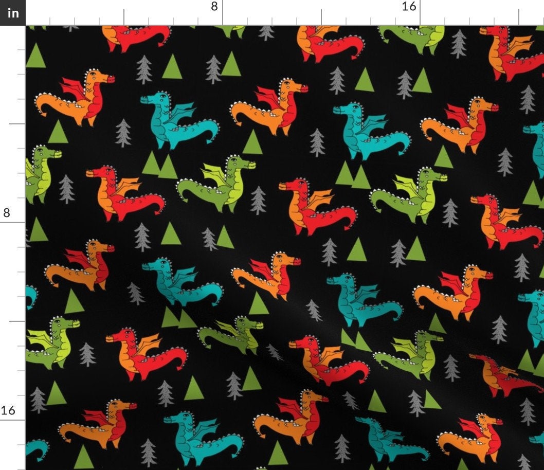 Dragon Fabric Dragon Fabric // Quirky Kids Illustration Fun | Etsy