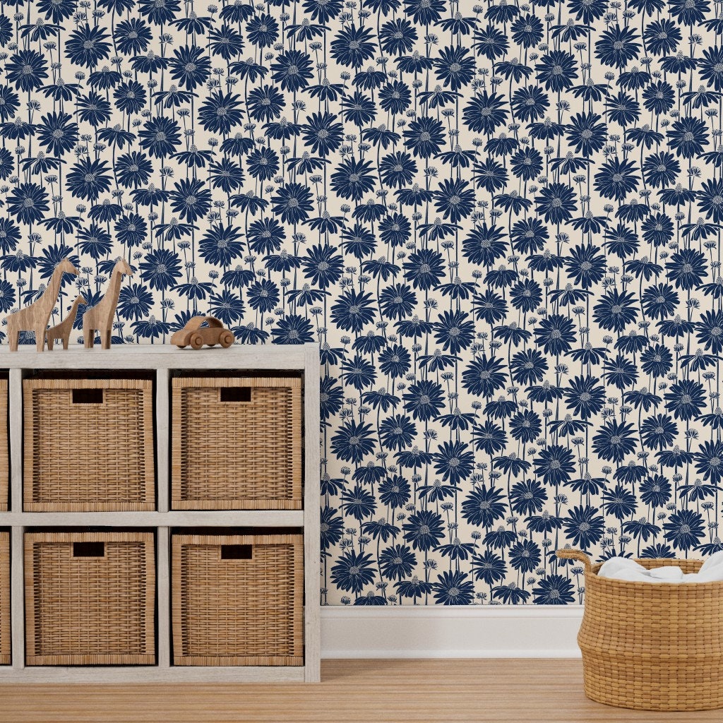 Daisy Wallpaper Sunshine Daisy Indigo Cream by Jillbyers - Etsy