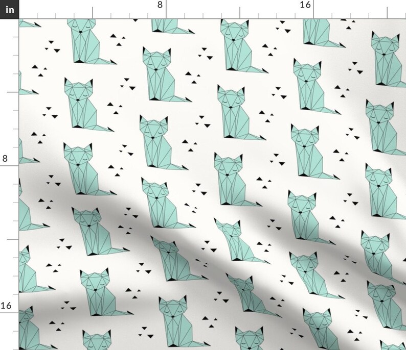 Geo Fox Fabric Sleepy Fox by Kimsa Mint Blue Mod Woodland | Etsy