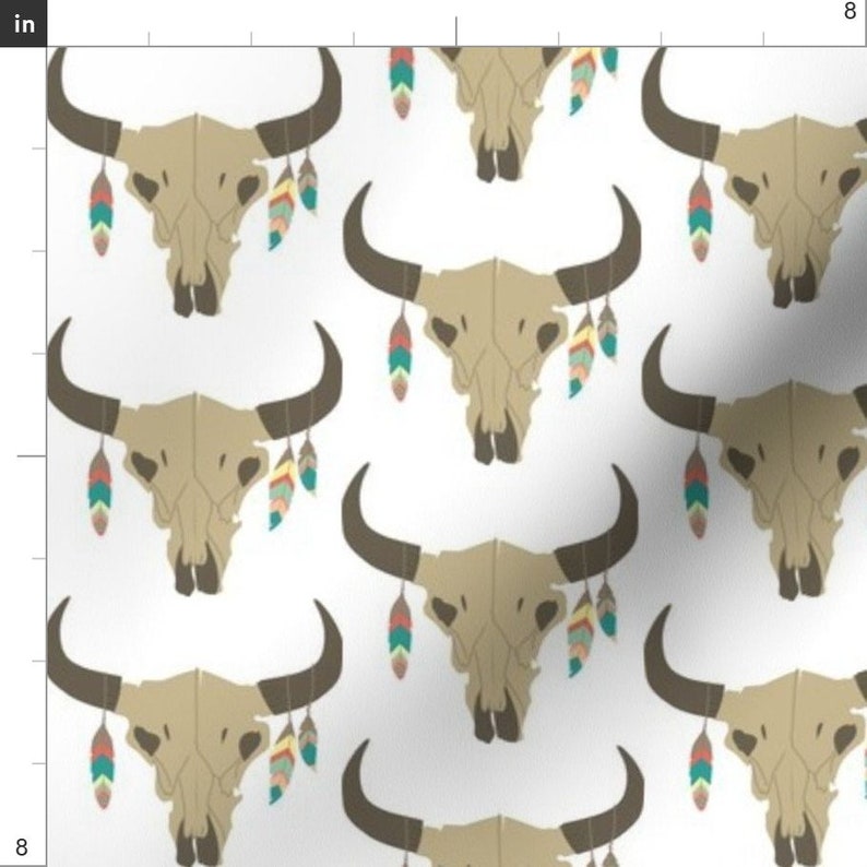 Cow Skull Fabric Cow Skull With Feathers by - Etsy