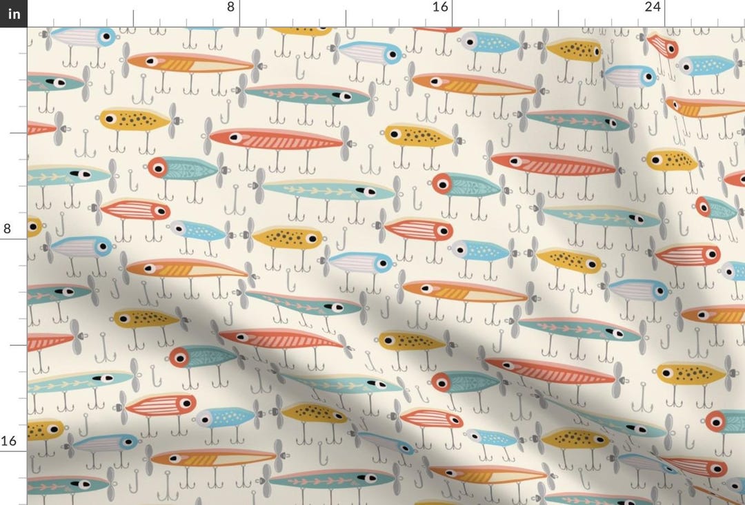 Mod Fishing Lures Fabric - Tackle Box by Katie Hayes - Retro Midcentury ...