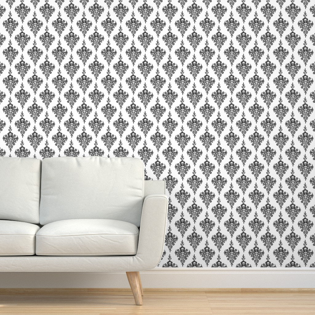 Skull Wallpaper Skullflower Damask White by Thecalvarium - Etsy