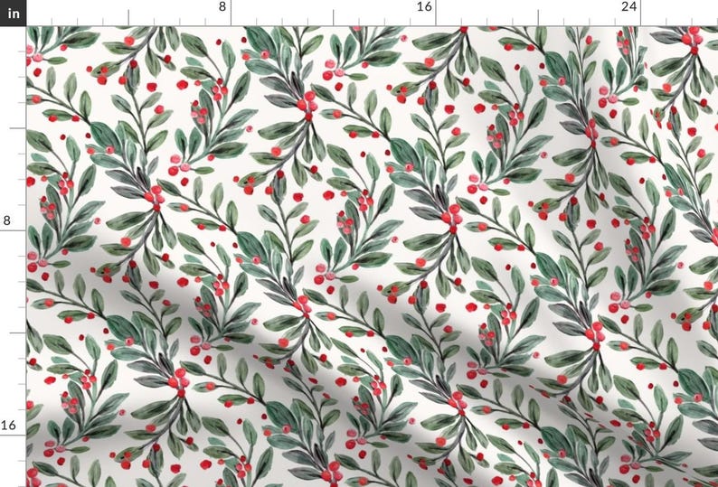 Mistletoe Floral Print Fabric - Mistletoe and Red Berries by Crystal ...