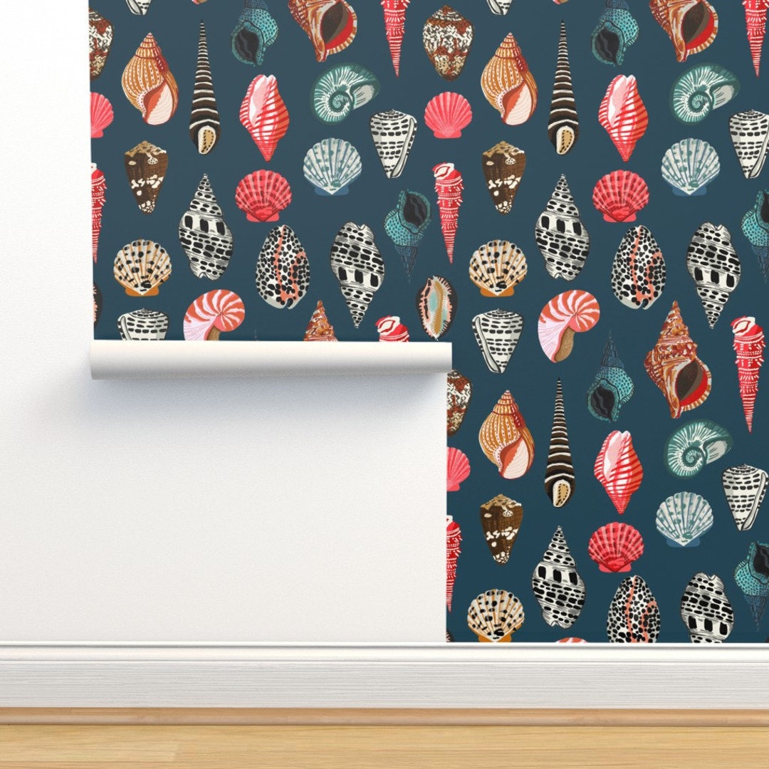 Seashells Wallpaper Navy Nautical Beach Summer by Andrea - Etsy