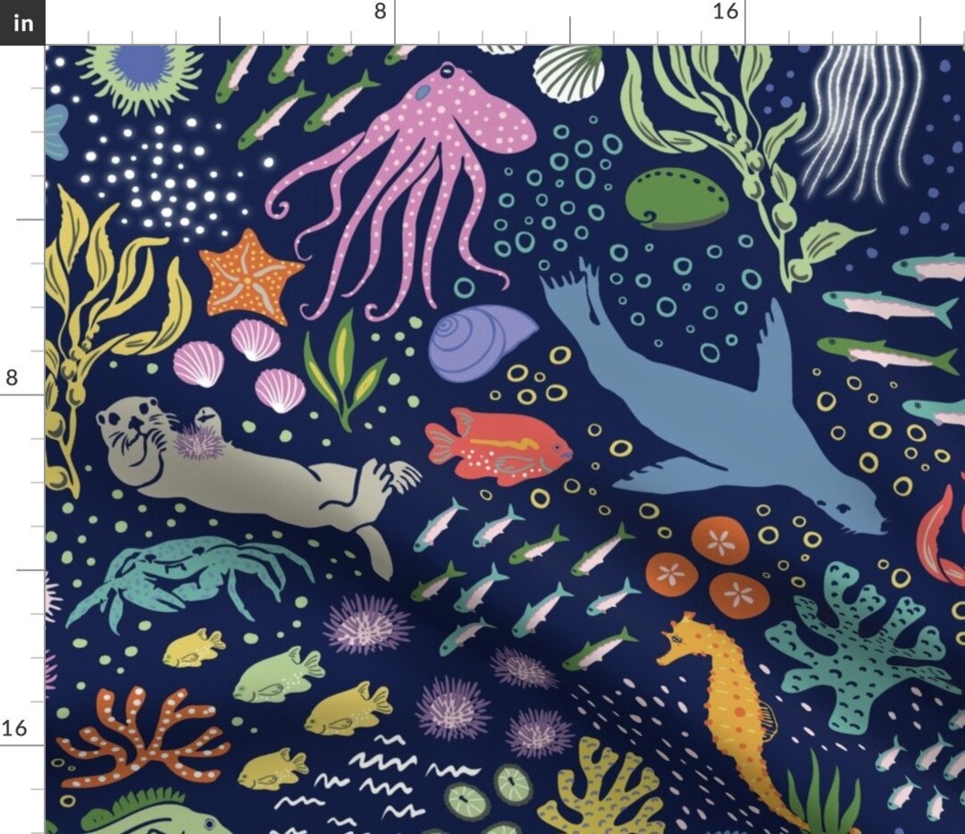 Sea Life Fabric My Pacific Ocean by Thatpolymath_shellym Blue Colorful ...