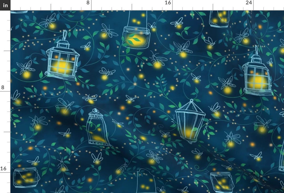 Fireflies Fabric Firefly Evening Forest by Lemon Chiffon Blue Yellow ...