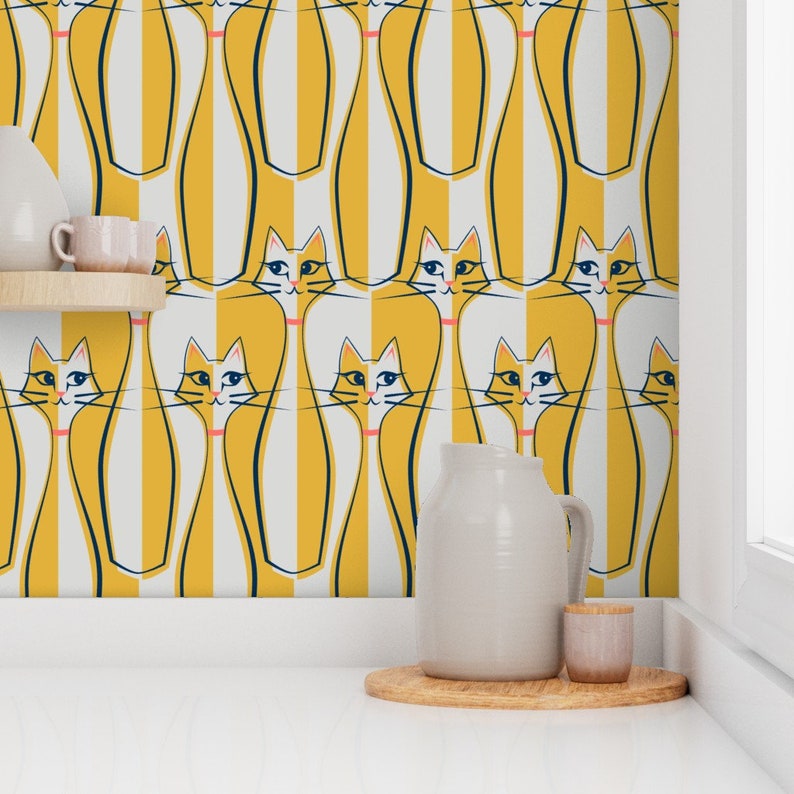 Cat Wallpaper Mod Meow by Studioxtine Yellow Gray Retro - Etsy