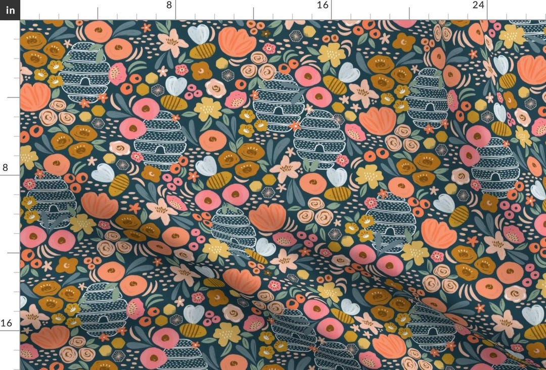 Bee Pink Floral Spring Pattern Pollinators Fabric Bee Garden Dark by ...