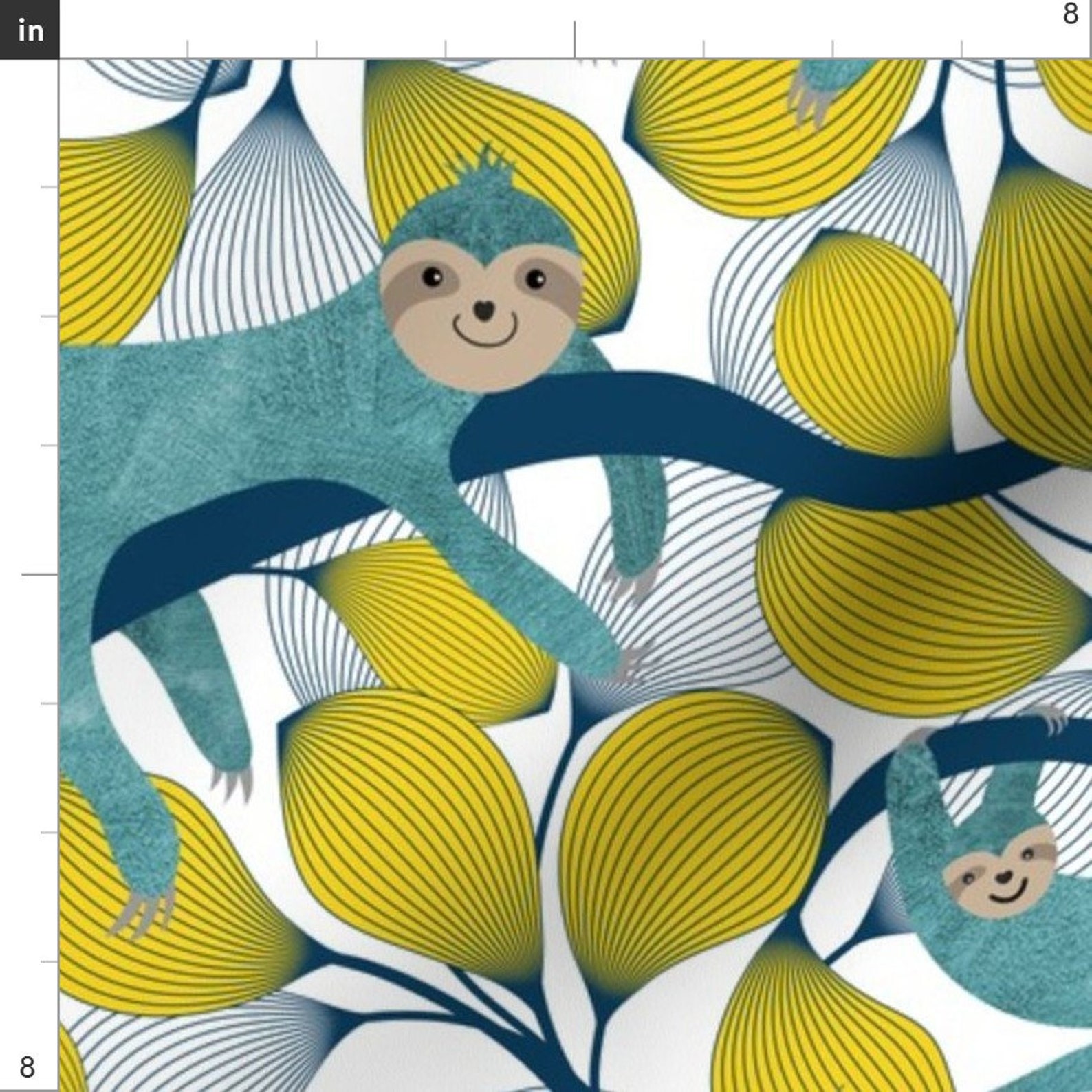 Blue Sloth Yellow Leaves Fabric Sloths in Action by Vo Aka - Etsy