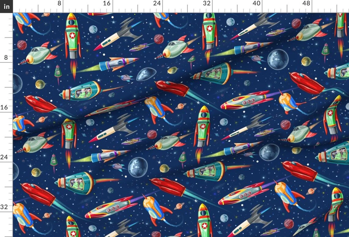 Space Fabric - Rockets Travellers by Chicca Besso - Planets Galaxy ...