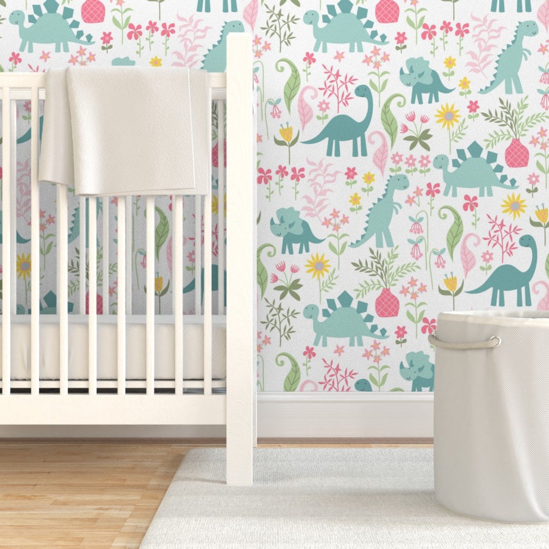 Cute Dinosaurs Wallpaper - Dino Garden by Laura_may_designs - Pink Teal ...