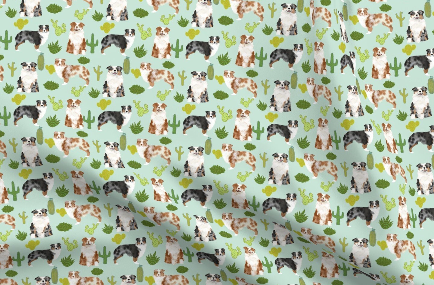 Australian Shepherds Fabric Dogs Cute Cactus Mint Blue Red | Etsy