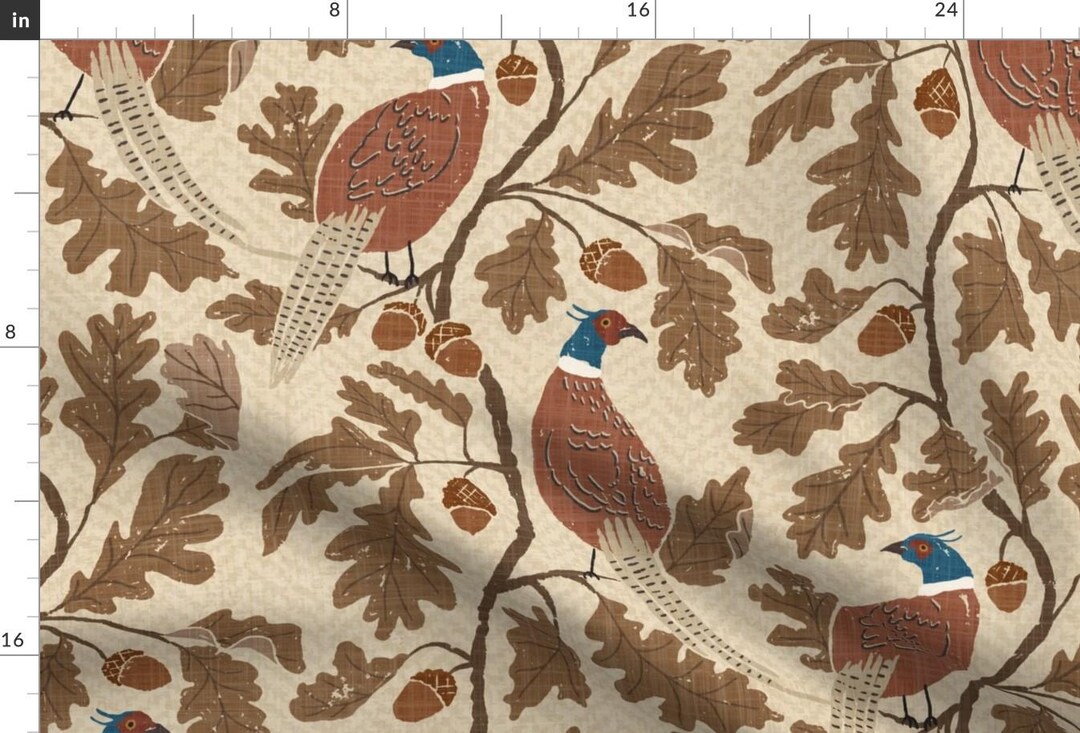 Cabincore Fabric - Heritage Pheasants by Kim_morrow - Oak Leaves Acorns ...