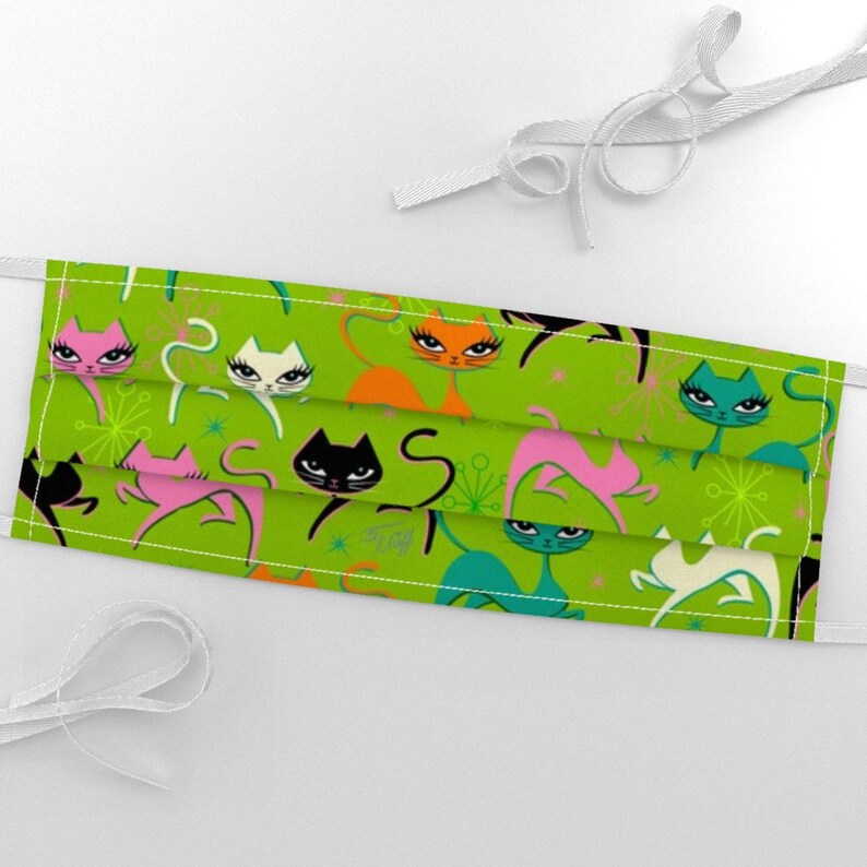 Mid Century Modern Fabric Prancing Kitten-fabric-green by | Etsy