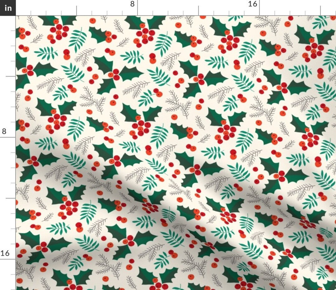 Holly Fabric Christmas Holly and Berries on Creme by Heleen - Etsy