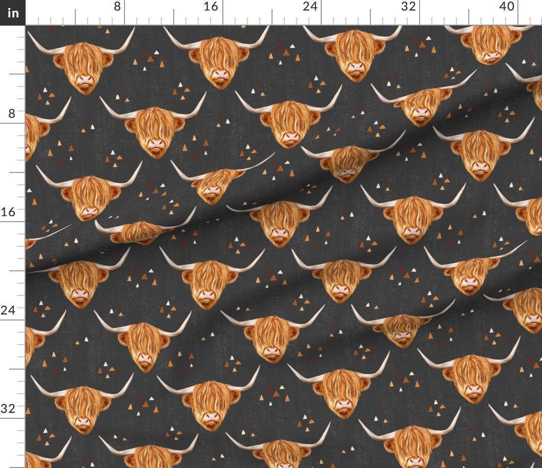 Highland Cattle Fabric Highland Cow on Grey Medium by Red | Etsy
