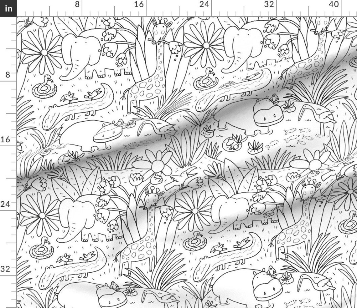 Coloring Book Fabric Jungle Black and White by - Etsy