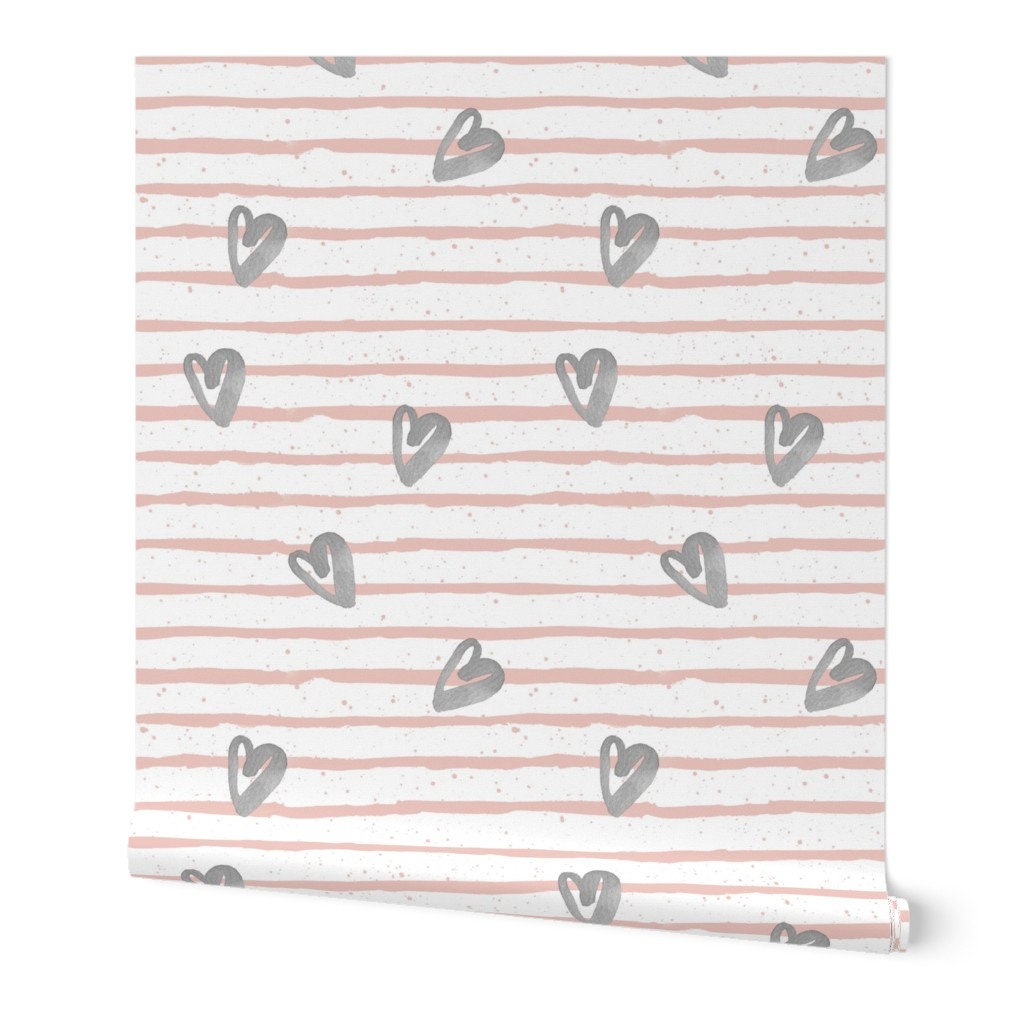 Heart Stripes Wallpaper Muted Pink Grey Watercolor By | Etsy