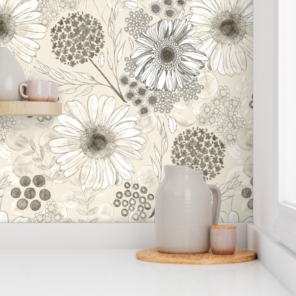 Neutral Floral Wallpaper Handdrawn-flowers-earth-tones by - Etsy