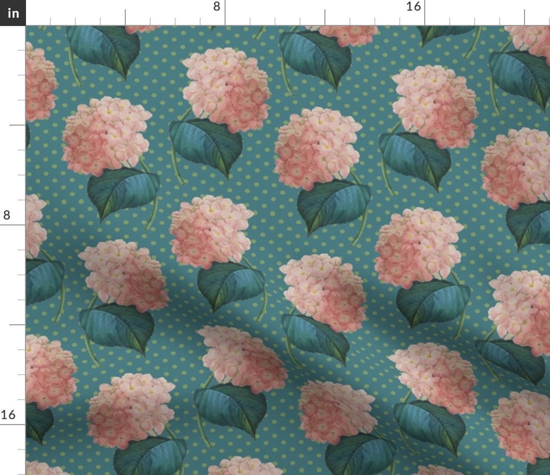 Pink Hydrangea Fabric Hydrangea on Blue by Chantal Pare Floral Cottage ...