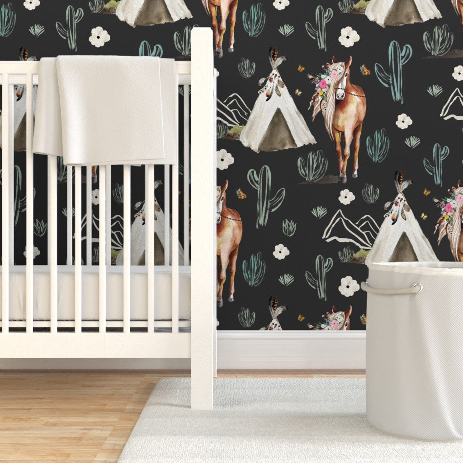 Boho Wallpaper 8 Spring Boho Floral Horse Dark Gray by - Etsy