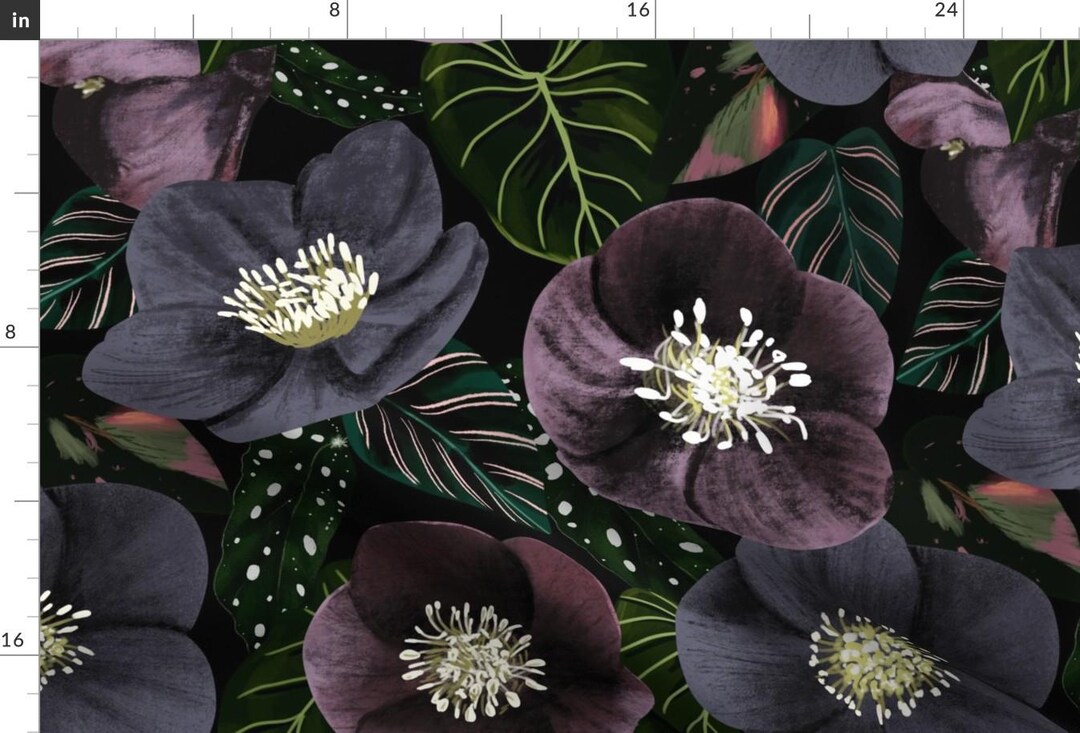Dark Botanical Fabric - Midnight Dark Flowers by Anisillustration ...