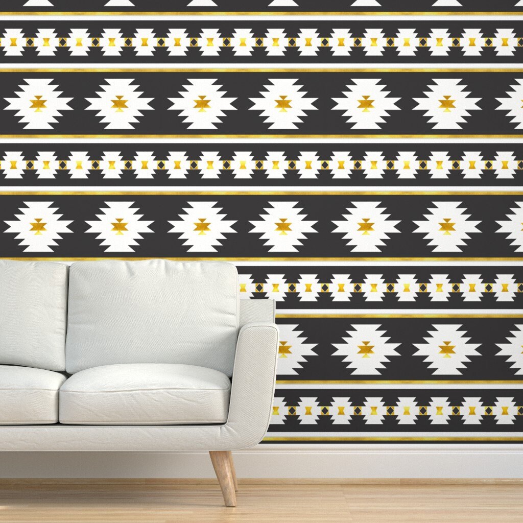Aztec Wallpaper Large Brighton Charcoal and Gold by - Etsy