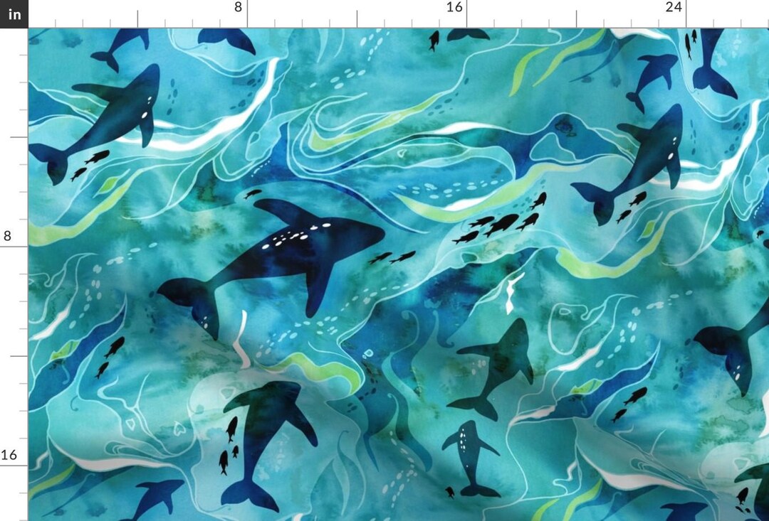 Whale Fabric - Teeming Ocean by Adenaj - Ocean Blue Green Aqua ...