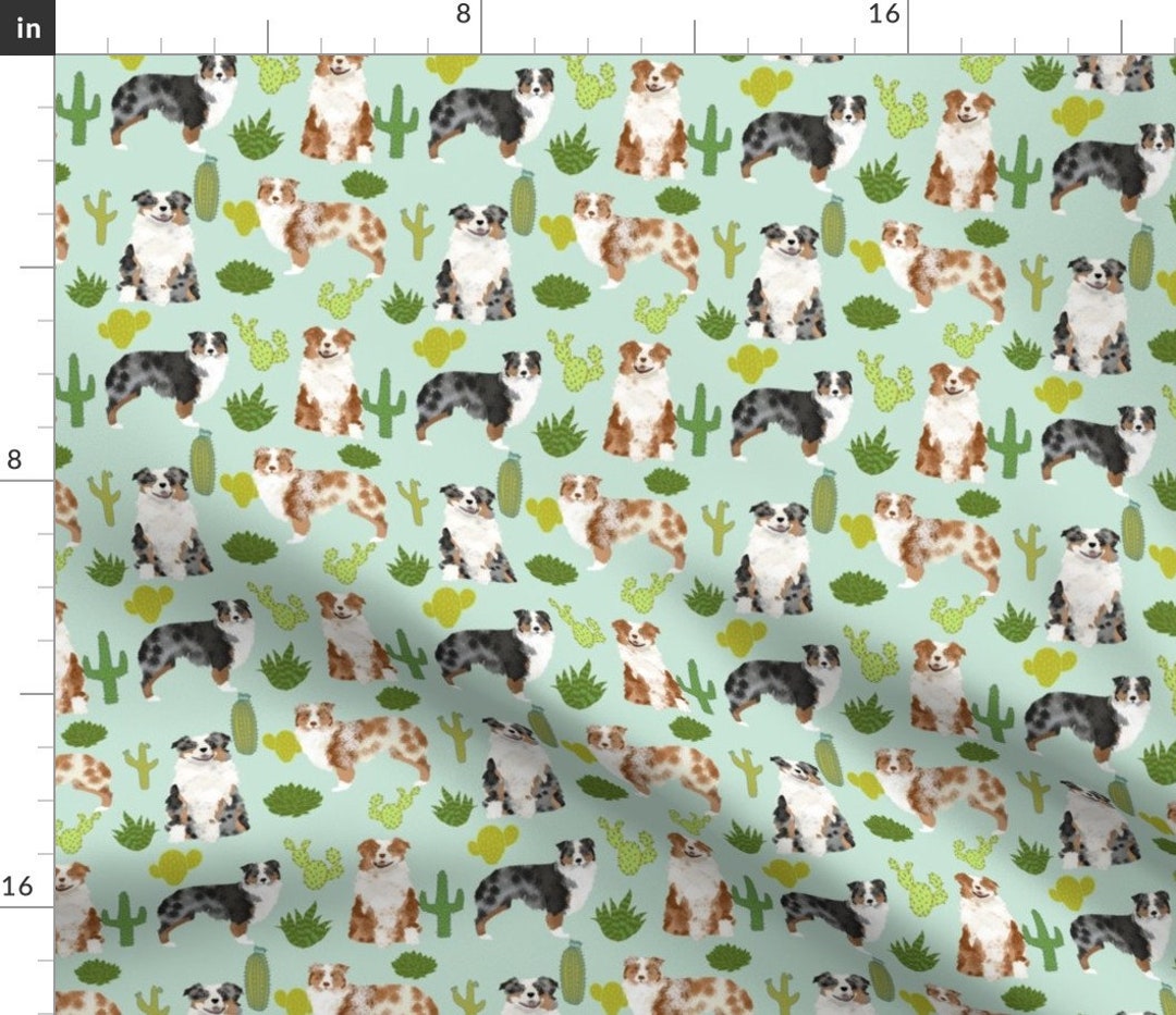 Australian Shepherds Fabric Dogs Cute Cactus Mint Blue Red - Etsy