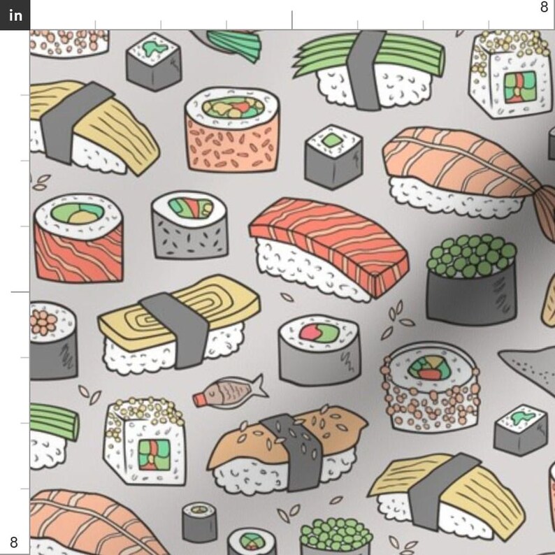 Sushi Fabric - Sushi on Light Grey by Caja Design - Japanese Sushi Food ...