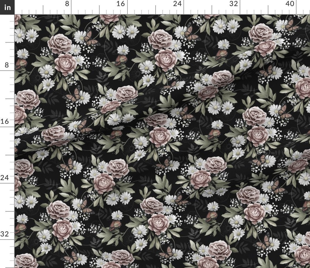 Muted Gray Floral Pattern Fabric Moody Florals by Whimsical | Etsy