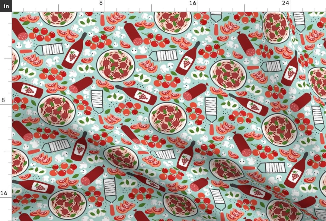 Italian Food Fabric - Pasta Chef by Anzela - Teal Red Pasta Tomatoes ...