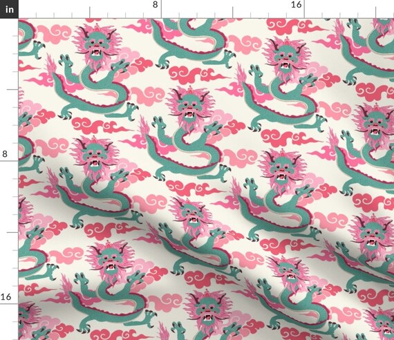 Pink Dragon Illustration Fabric Dragon Colourful by | Etsy