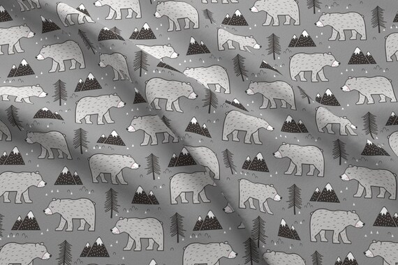 Bear Fabric Mountain Bear Woodland On Dark Grey By Caja | Etsy