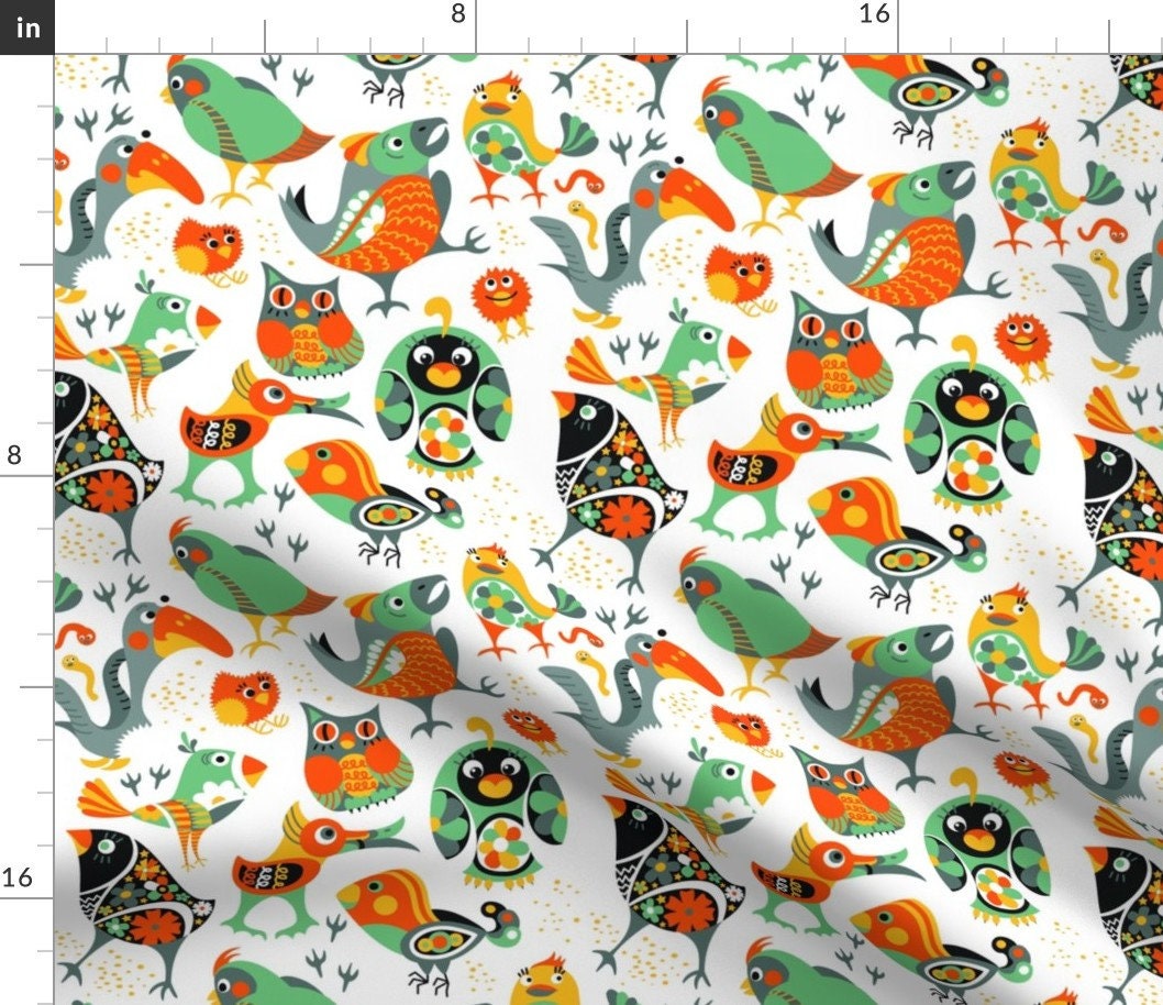 Scandi Bird Fabric Birds Pattern 2 By Nellik Mod Scandi | Etsy