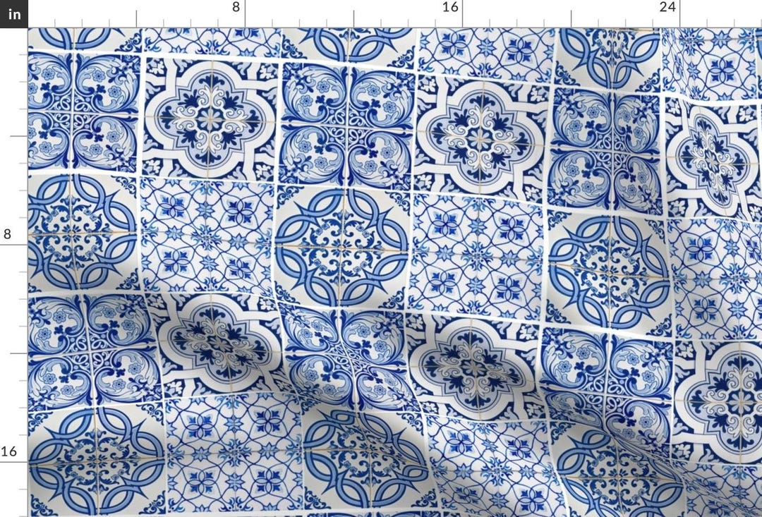 Mediterranean Tile Fabric - Blue and White Tile by Utart - Blue White ...