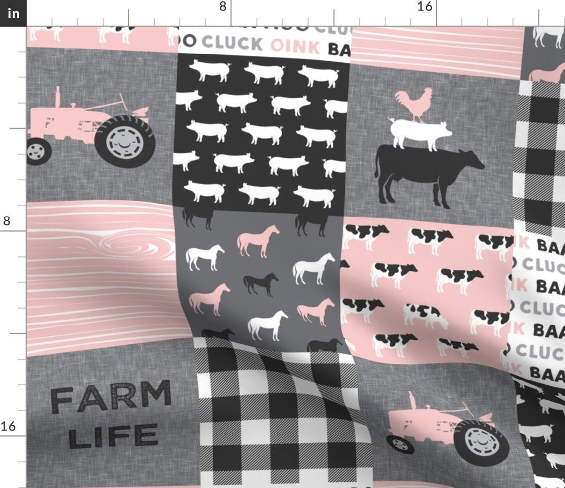Farm Fabric Farm Life Patchwork Fabric Pink and Grey Linen | Etsy